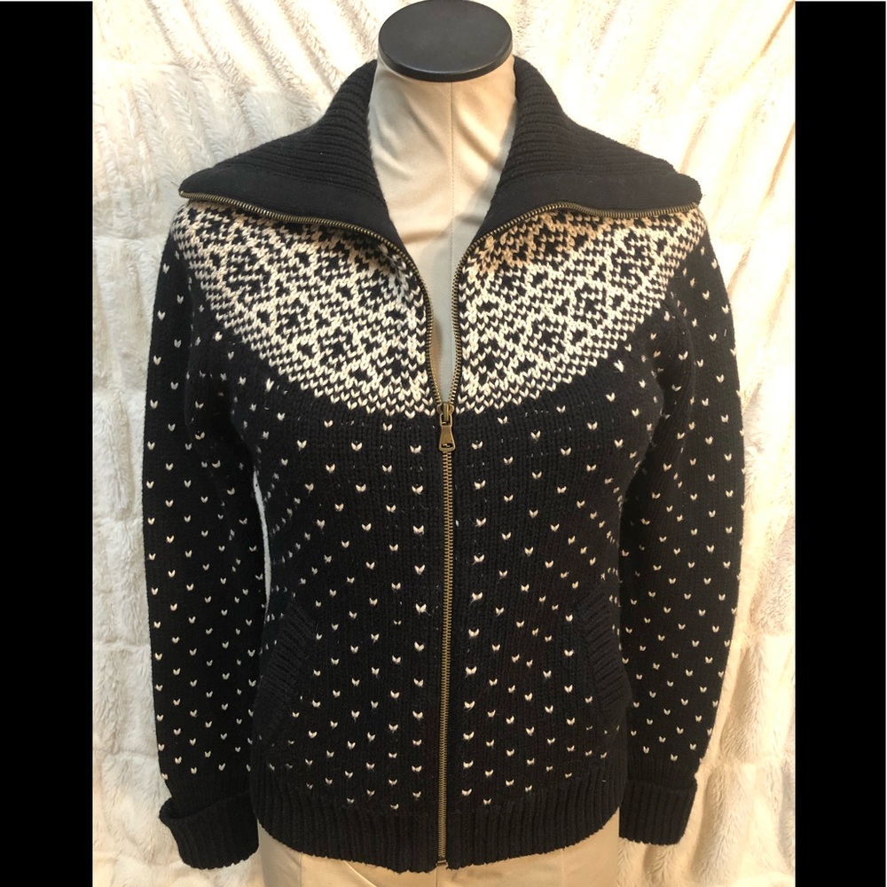 Talbots Zip Up Fair Isle Sweater Black And Cream Size… - Gem